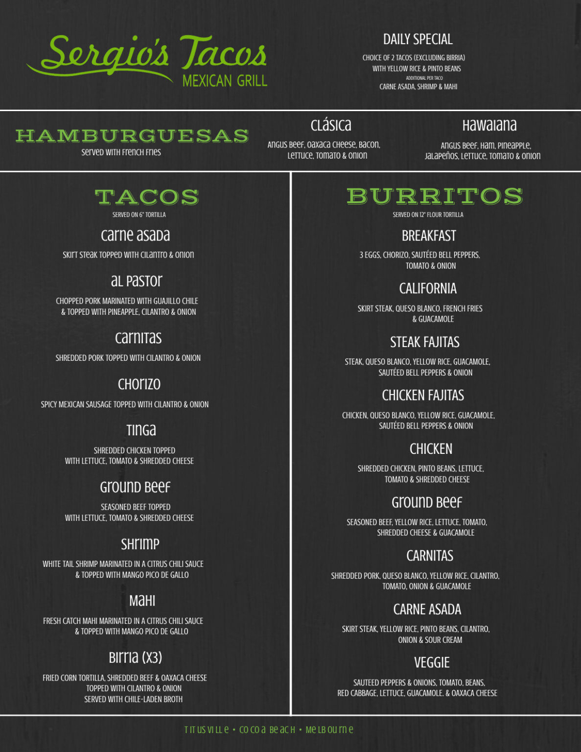 Menu - Sergios Tacos Grill